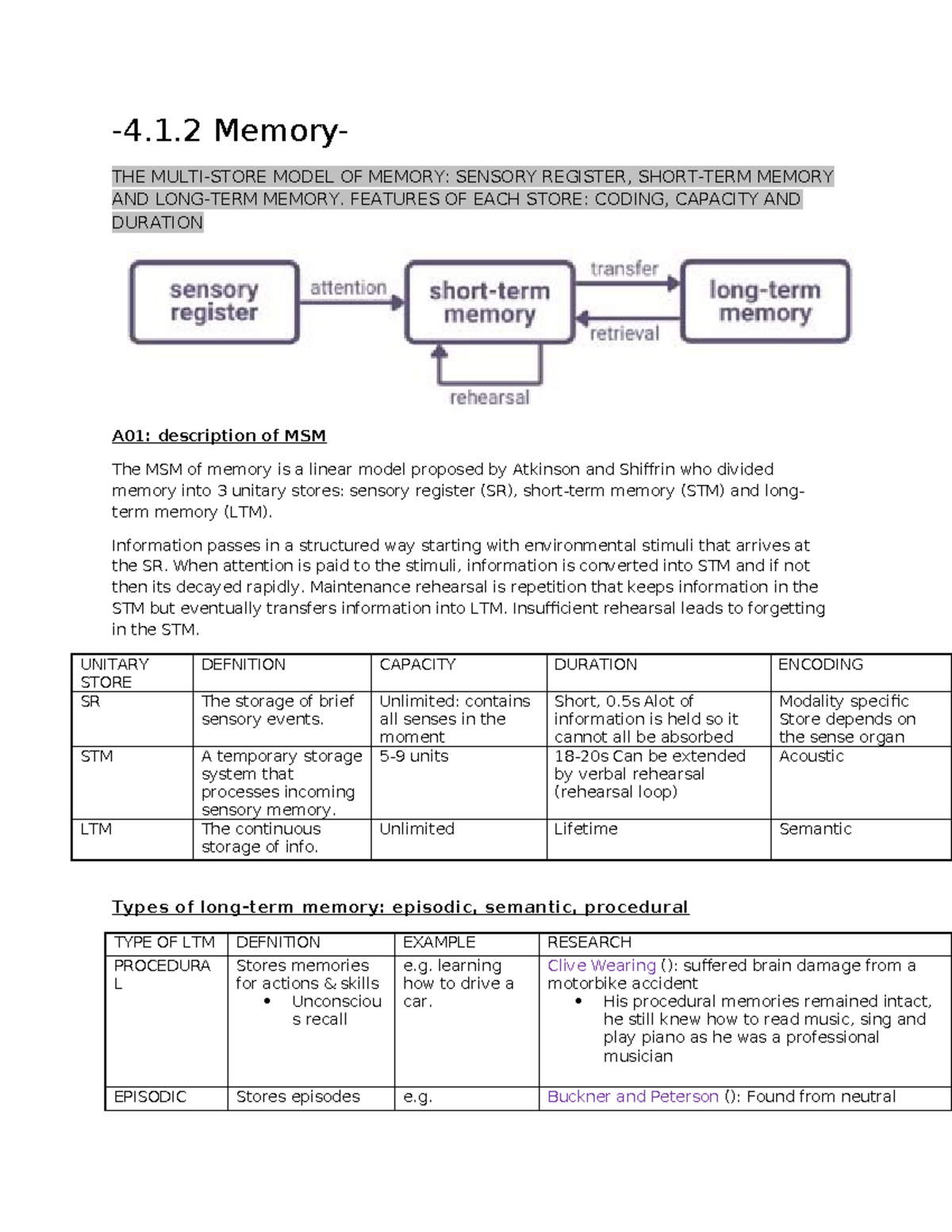 A01: Memory Models and Factors Affecting Recall in Psychology - Studocu
