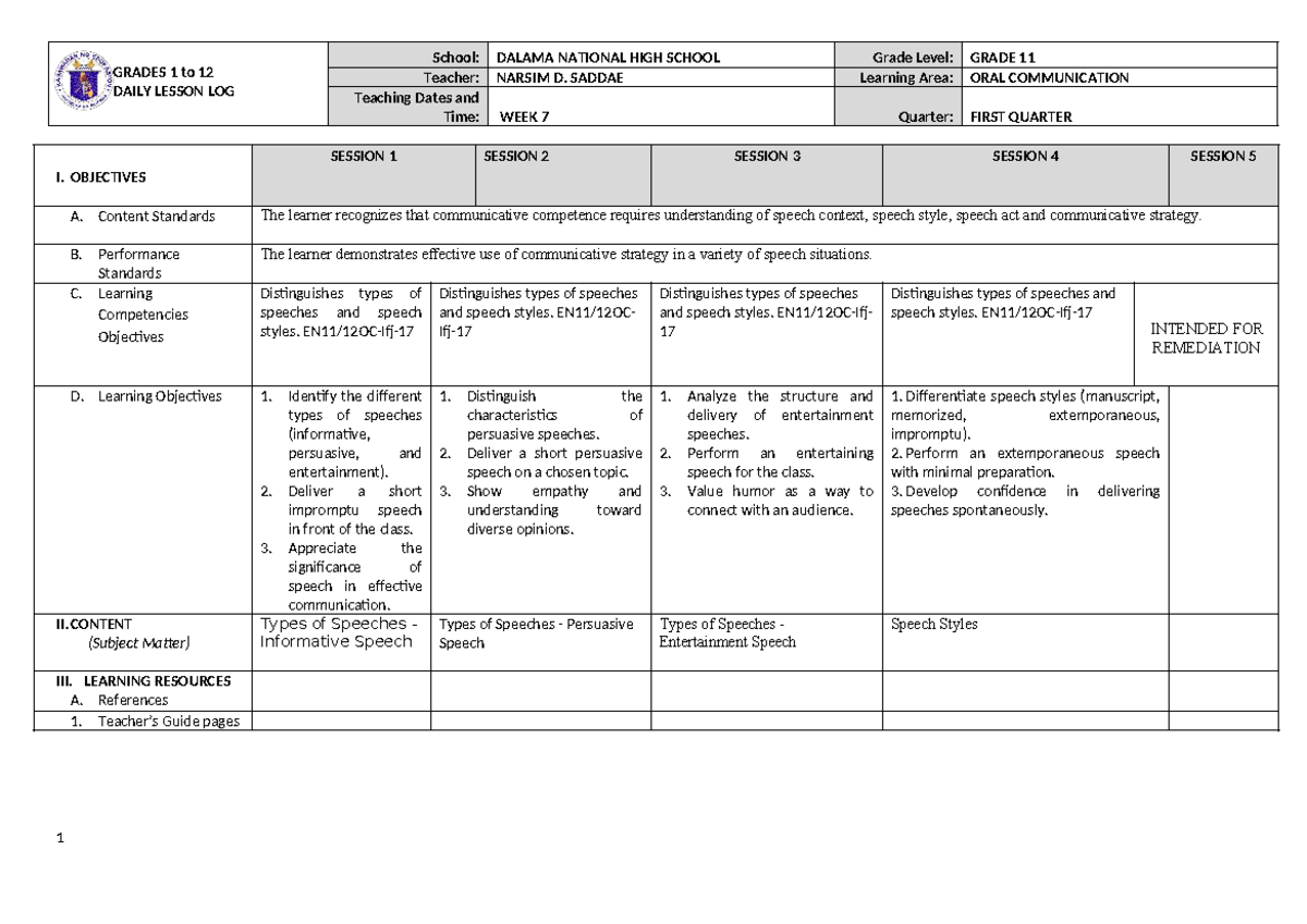 Grade 11 Oral Communication Daily Lesson Log (DLL) - Week 7 - Studocu