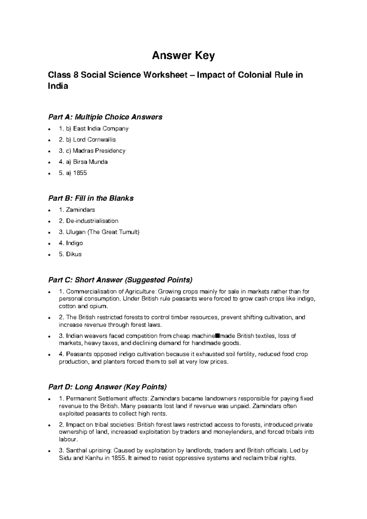 Class 8 Social Science Worksheet Answer Key: Colonial Rule Impact - Studocu