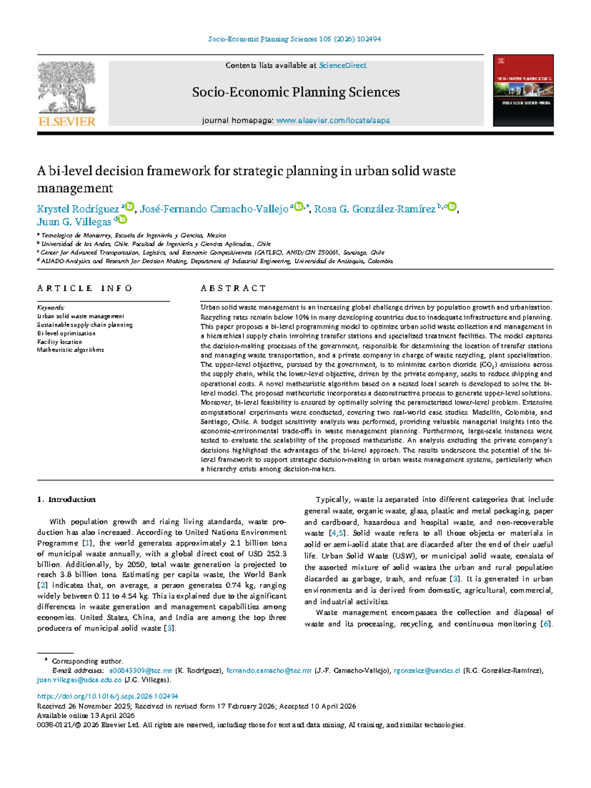 A Bi-Level Decision Framework for Strategic Planning in Urban Waste ...