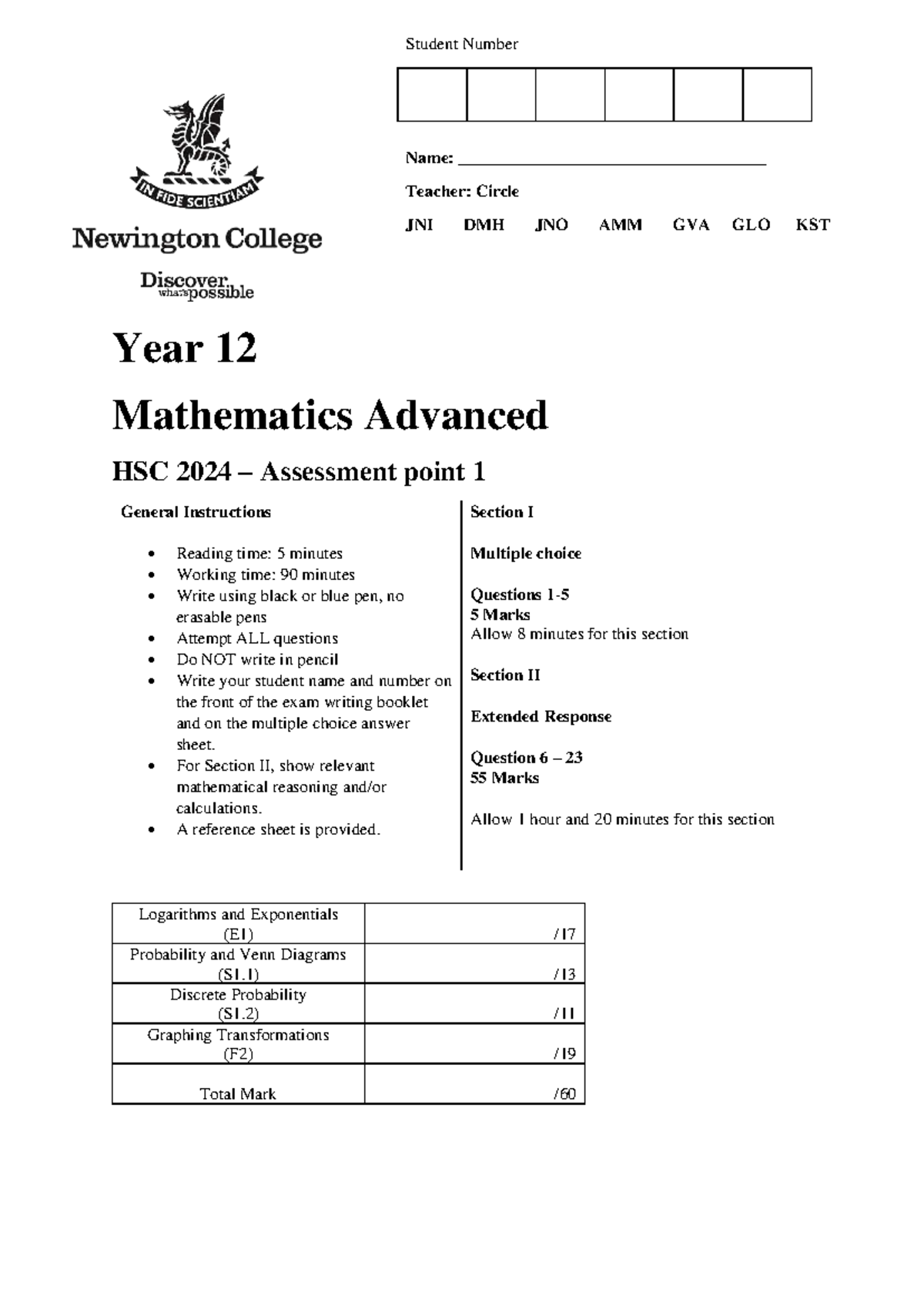 Year 12 Mathematics Advanced HSC 2024 Assessment Point 1 Exam - Studocu