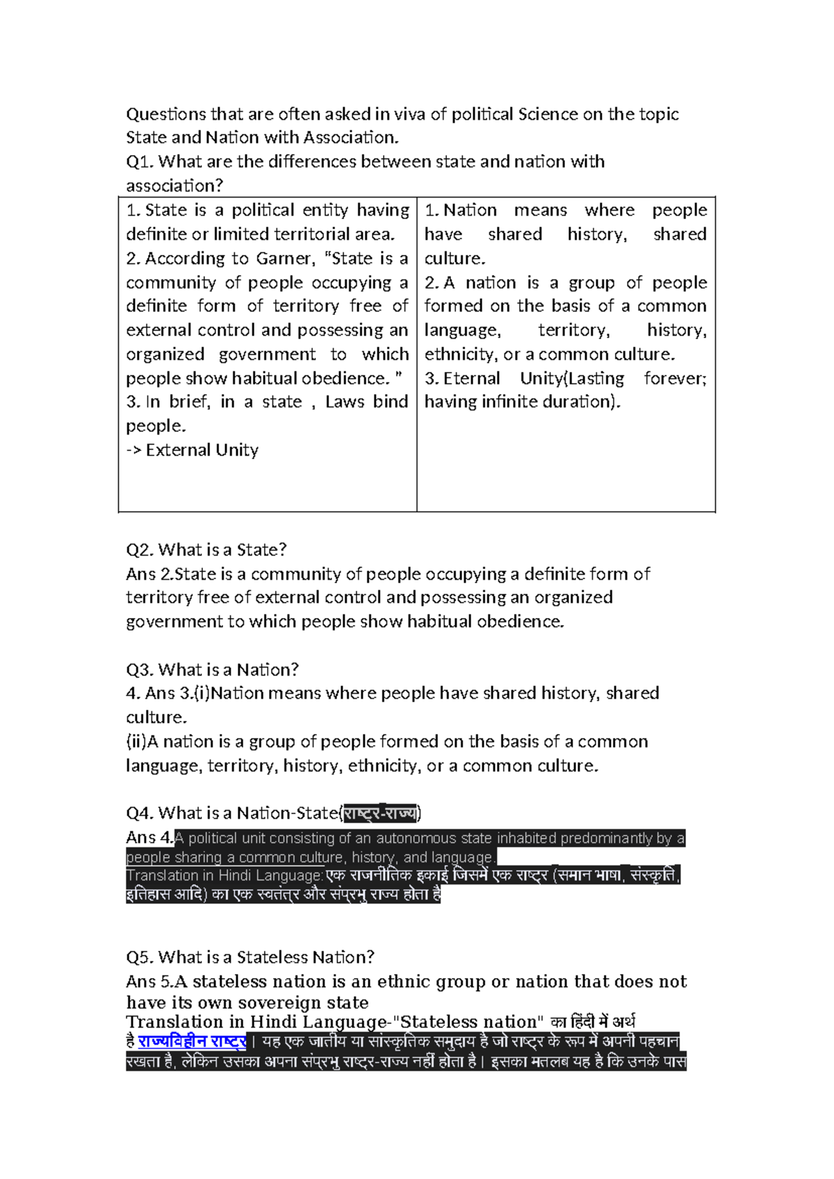 Viva Questions on State and Nation in Political Science (PS101) - Studocu
