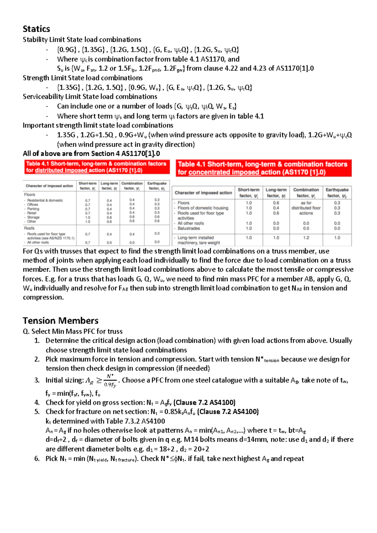 Steel Structures Cheat Sheet - Summary of Load Combinations & Members ...