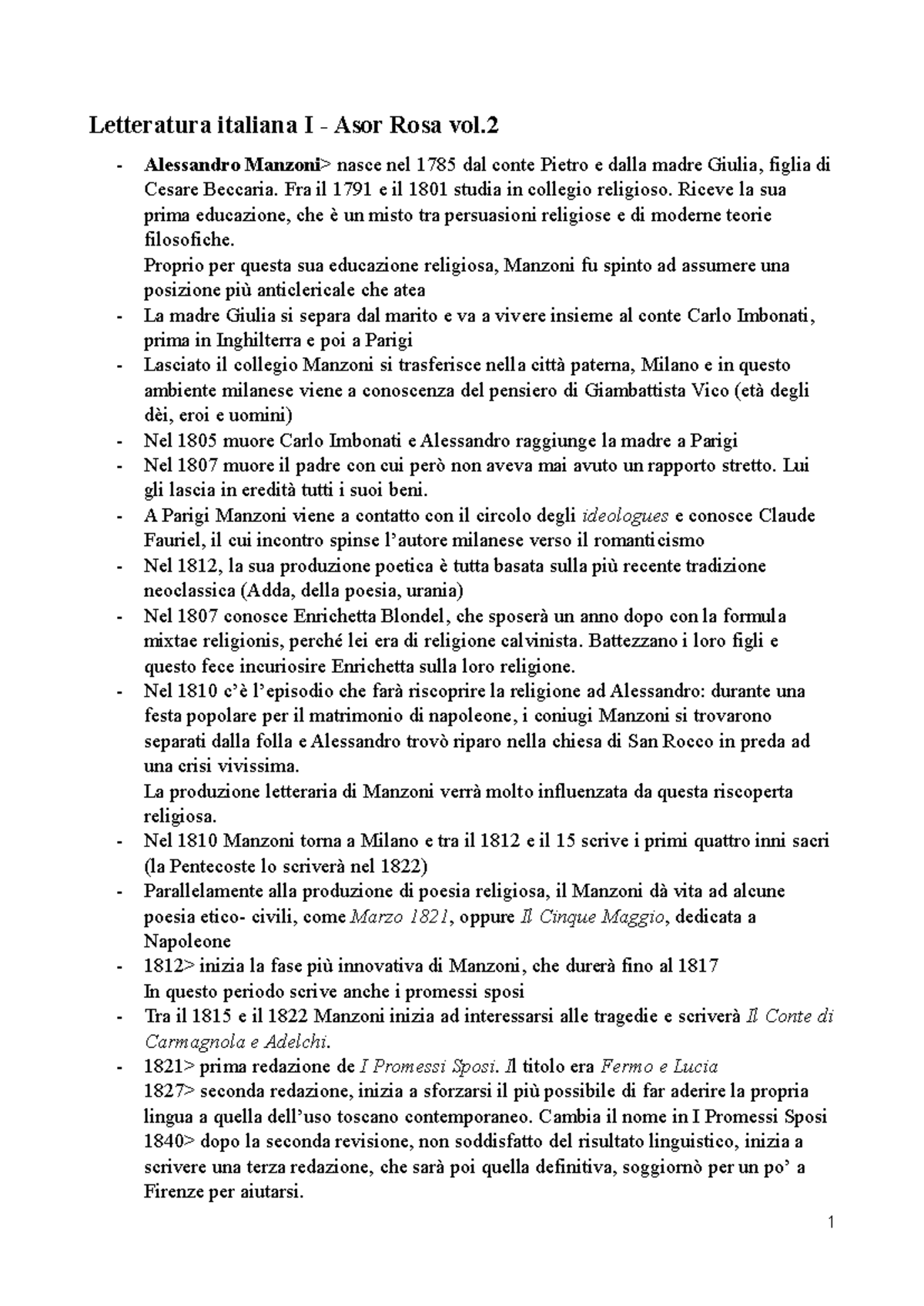 Letteratura Italiana I: Manzoni e Leopardi - Storia e Analisi - Studocu