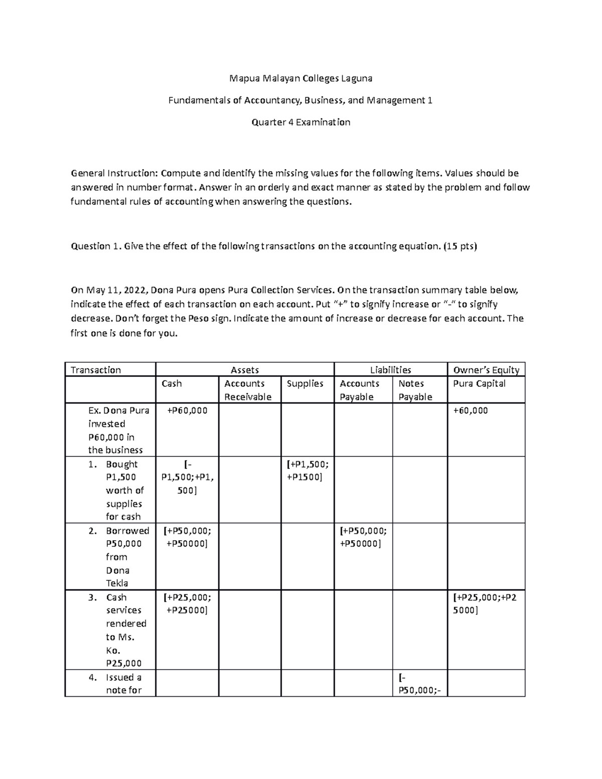 FABM1-Q4-Quarter 4 Exam: Fundamentals of Accountancy Questions - Studocu