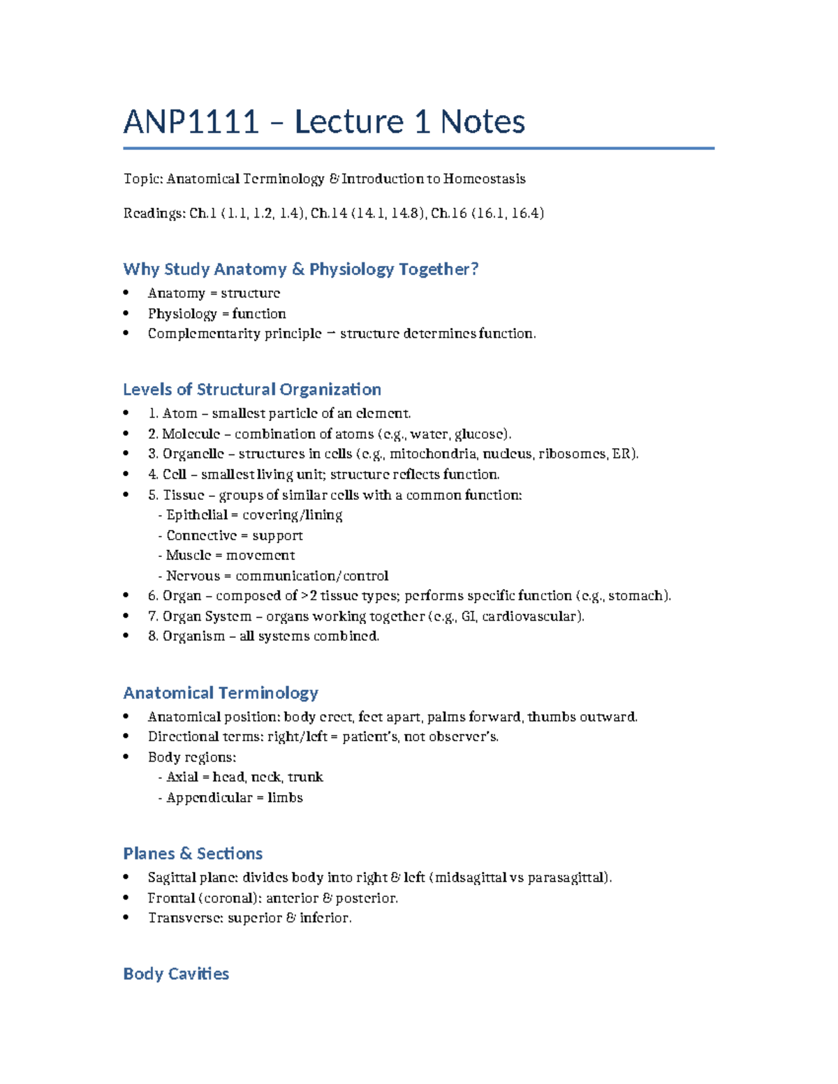 ANP1111 Lecture 1: Intro to Anatomical Terminology & Homeostasis - Studocu