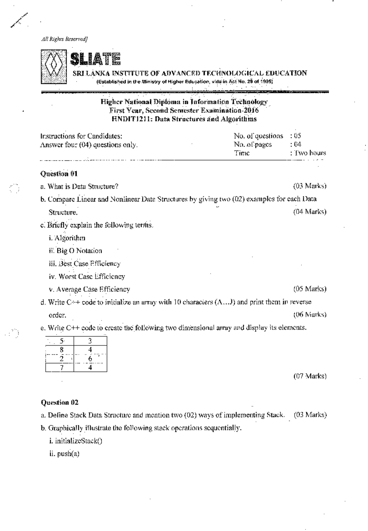 HNDIT1211: Data Structures and Algorithms Pass Paper 2016 - Studocu