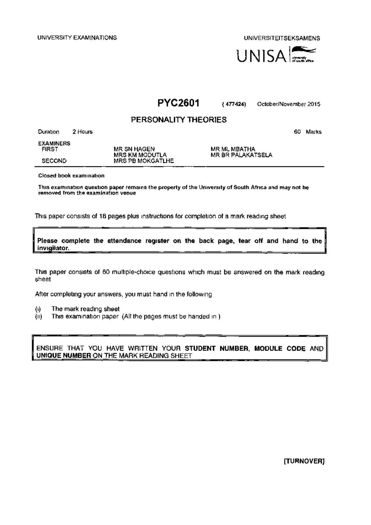 PYC2601 2015 10 E 1 - Exam paper2015 - MNB1601 - Studocu