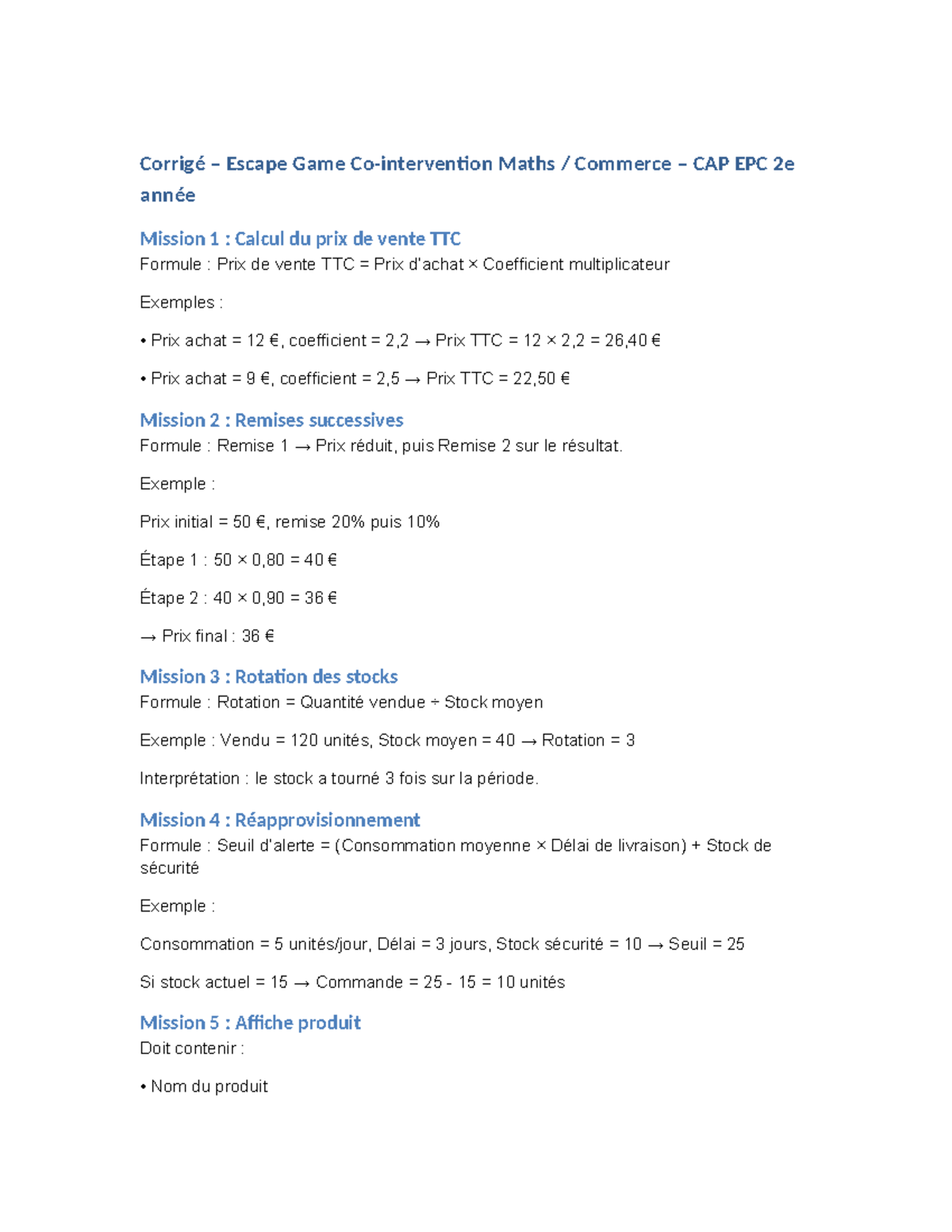 Corrigé Escape Game Maths Commerce CAP EPC 2e année - Missions et ...