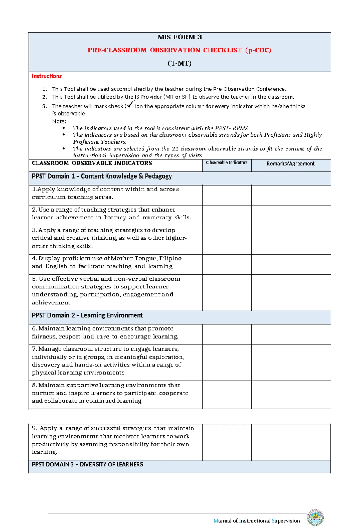 MIS FORM 4 Classroom Observation Checklist (COC) for Instructional ...