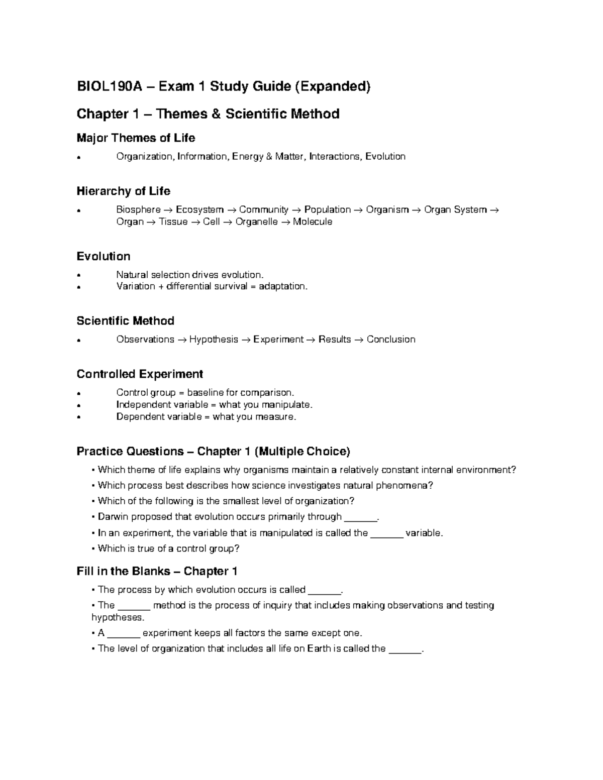 BIOL190A Exam 1 Study Guide: Key Concepts and Practice Questions - Studocu