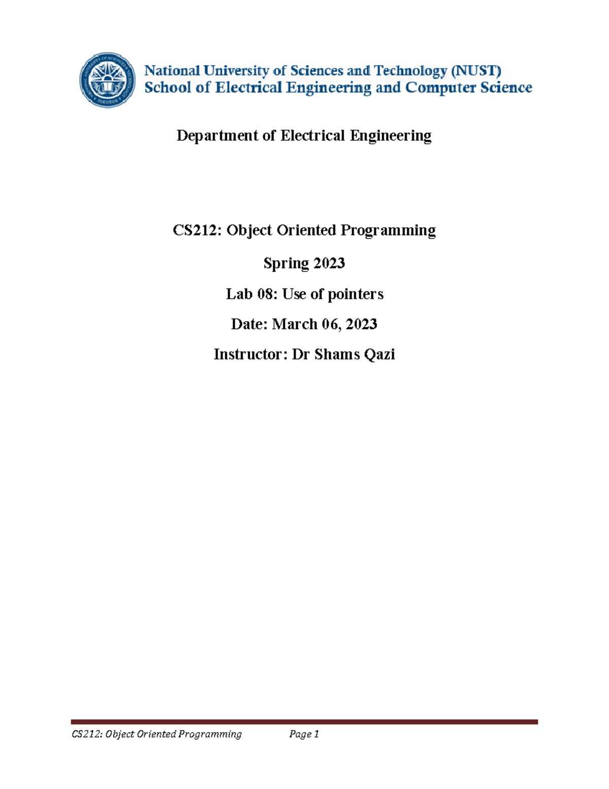 Lab 8 oops - This is lab - Department of Electrical Engineering CS212: Object Oriented ...