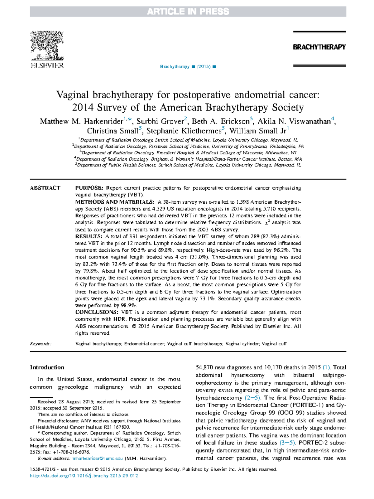 VBT for Postoperative Endometrial Cancer: 2014 ABS Survey Insights (BQT ...