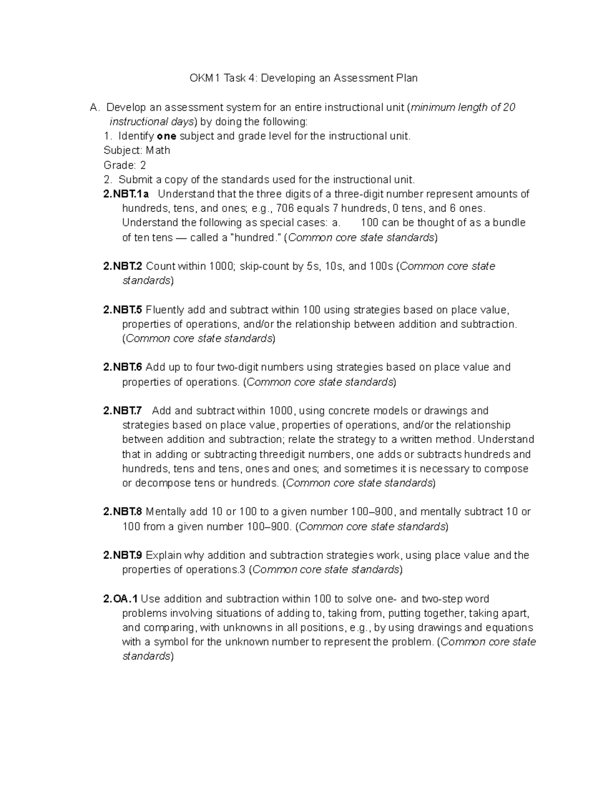 OKM1 Task 4: Comprehensive Assessment Plan for 2nd Grade Math - Studocu