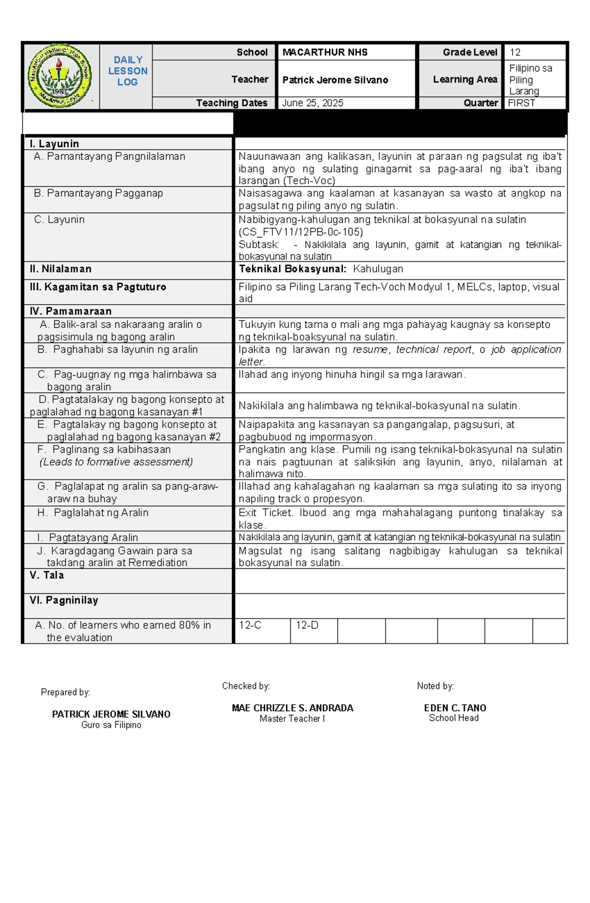 DAILY LESSON LOG: Filipino sa Piling Larang (TVL) - June 25, 2025 - Studocu