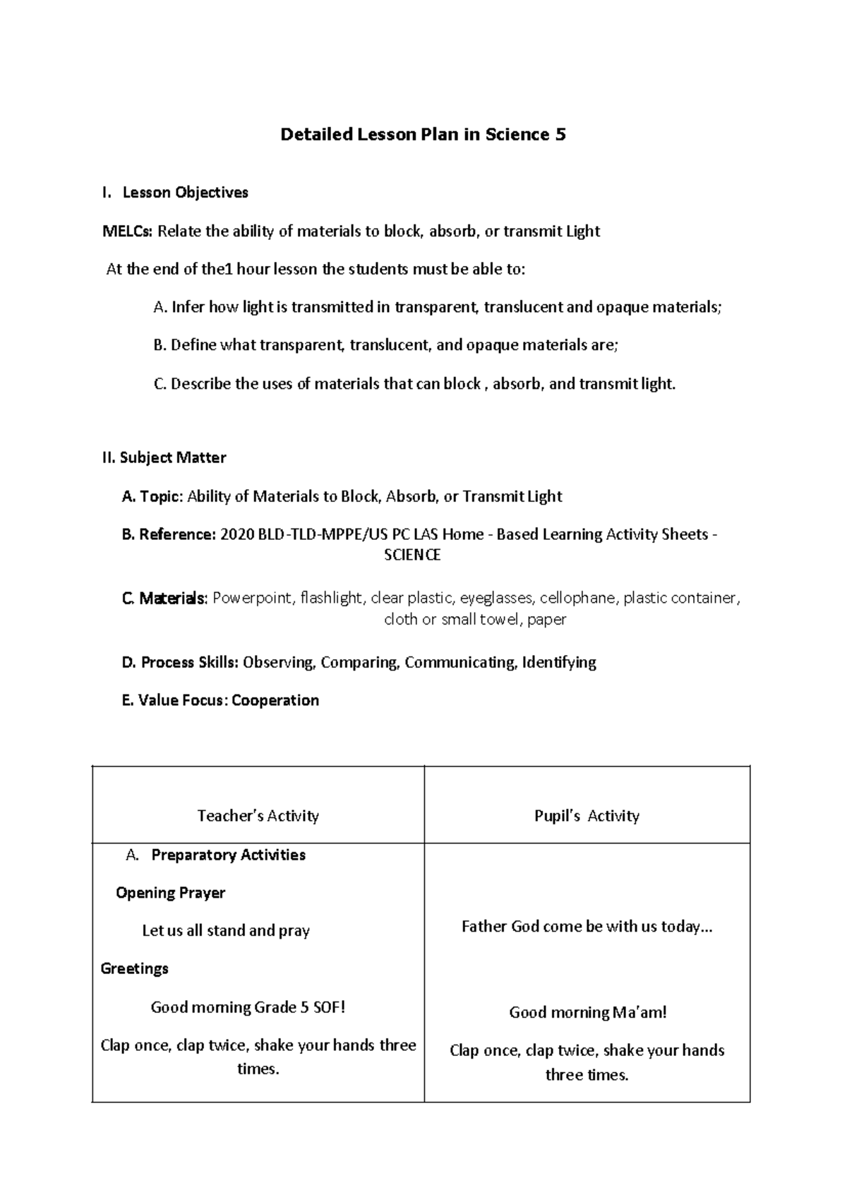 Detailed Lesson Plan: LP 5 Science on Light Absorption and Transmission ...