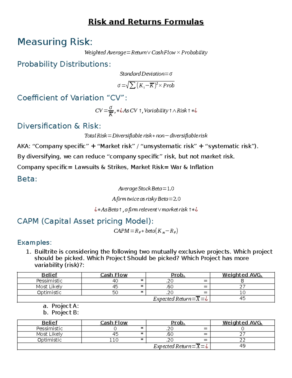 Risk and Returns Formulas: CAPM, Diversification, and Project Analysis - Studocu