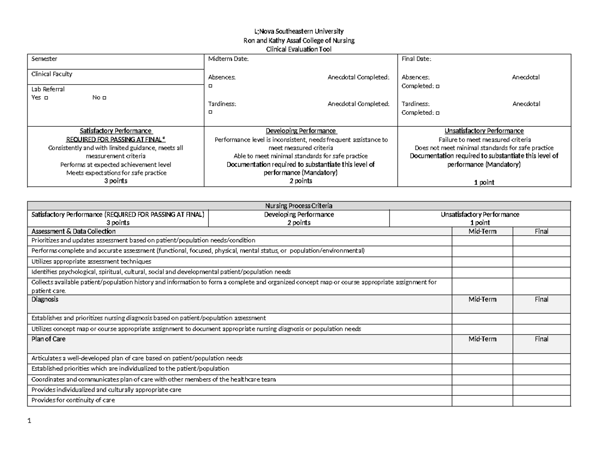 Clinical Evaluation Tool-1 (1) - L;Nova Southeastern University Ron and ...