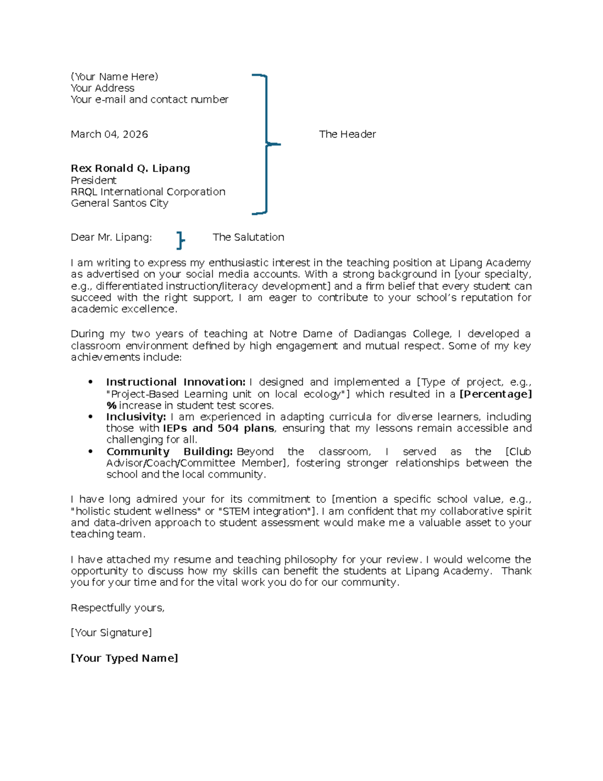Application Letter for Teaching Position at Lipang Academy - Studocu