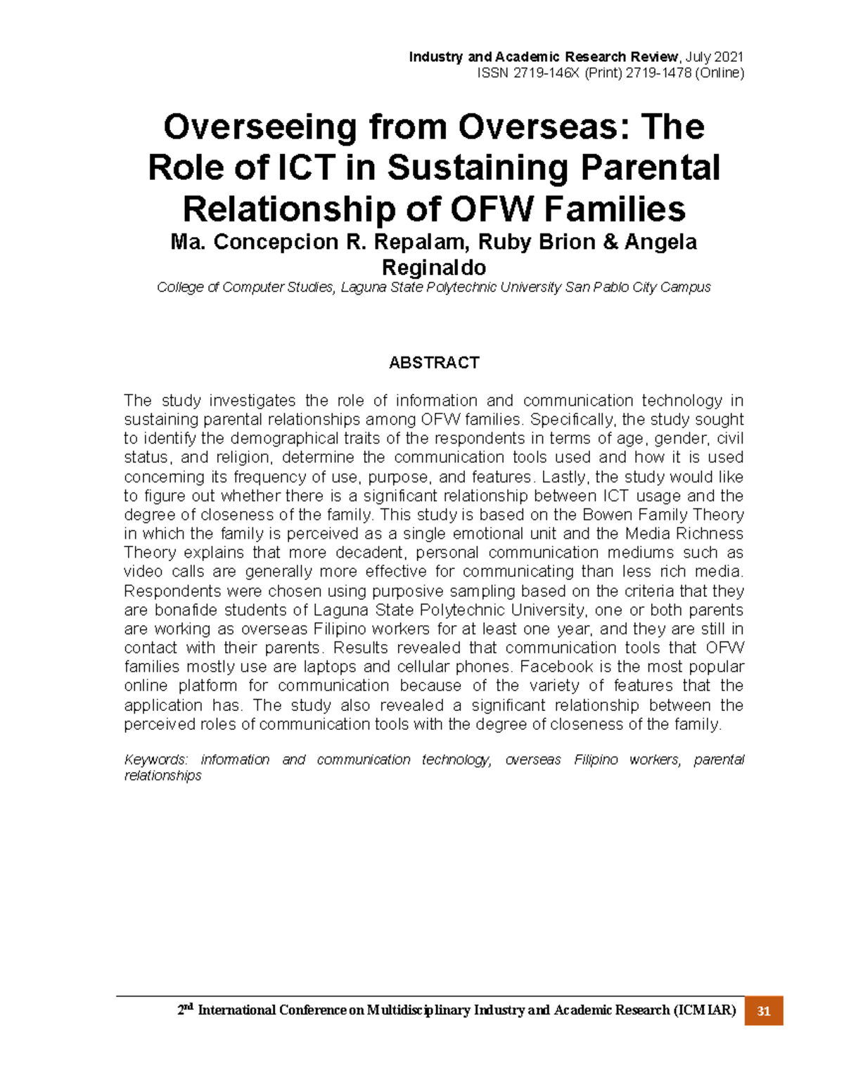 FA28BE8C: The Role of ICT in OFW Families' Parental Relationships - Studocu