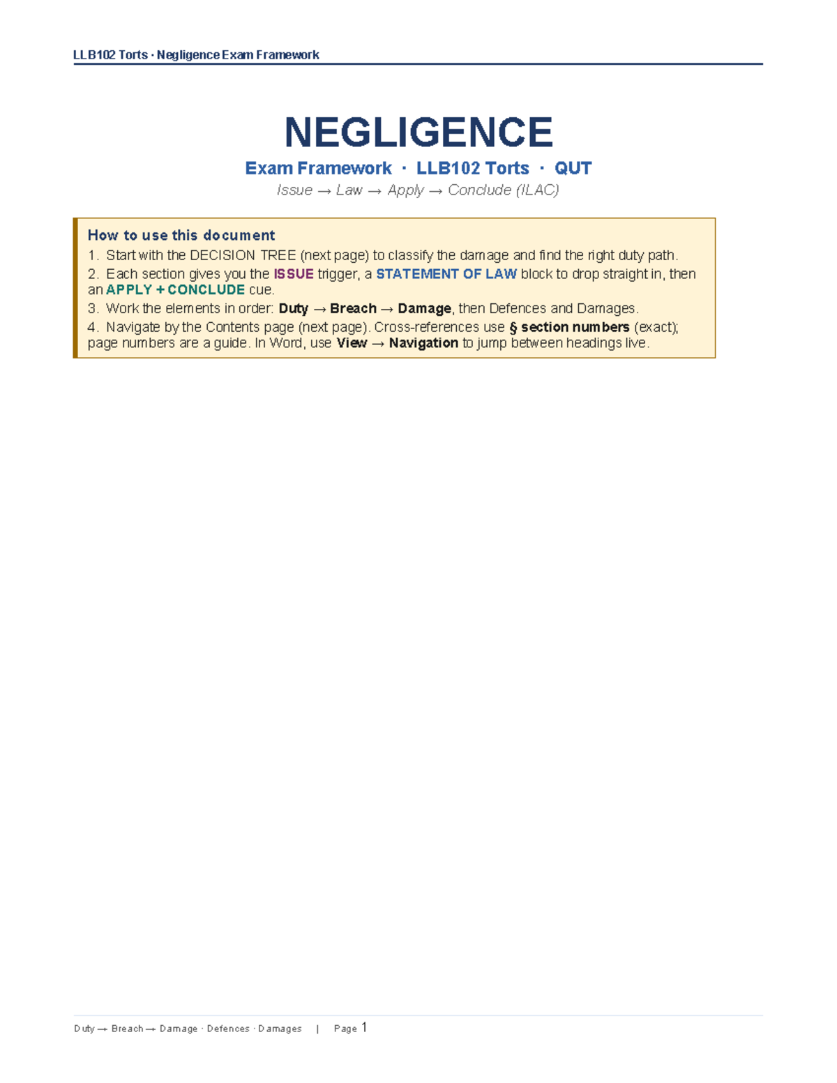 LLB102 Torts Negligence Exam Notes: ILAC Framework Guide - Studocu