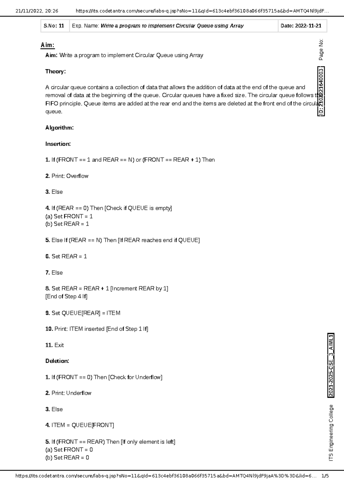 Code 11 - Circular Queue Implementation Using Array: CSE 3 AIML - Studocu