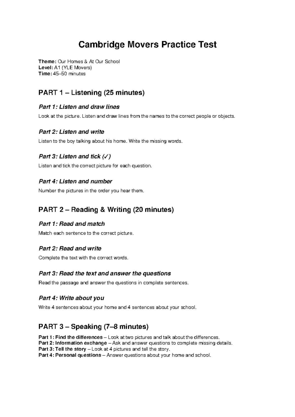 Movers Practice Test Unit 14: Our Homes - A1 Level - Studocu