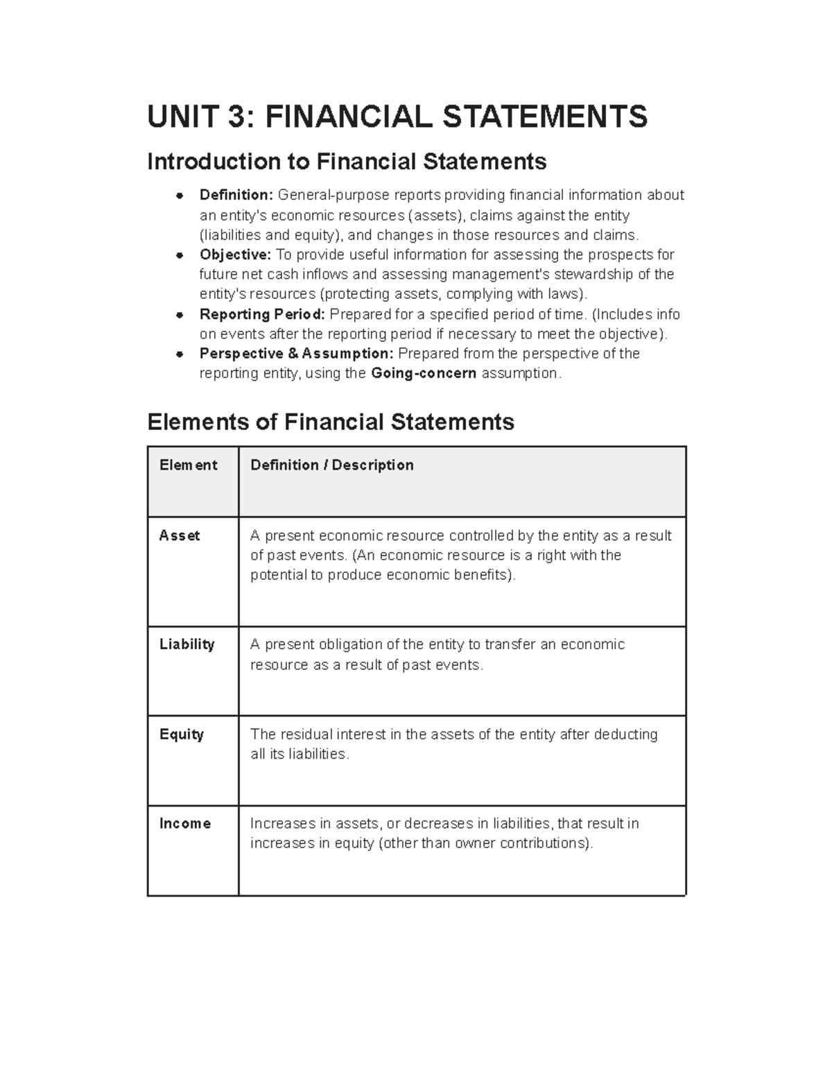 UNIT 3: FINANCIAL STATEMENTS Overview and Key Elements - Studocu