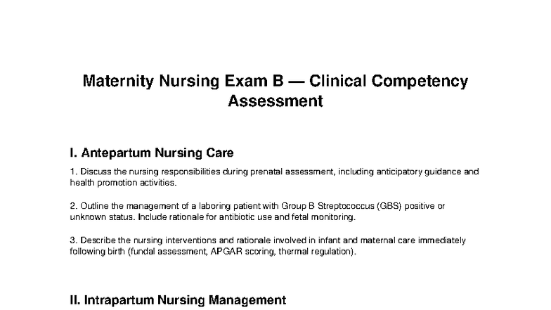 Maternity Nursing Exam B: Clinical Competency in Antepartum ...