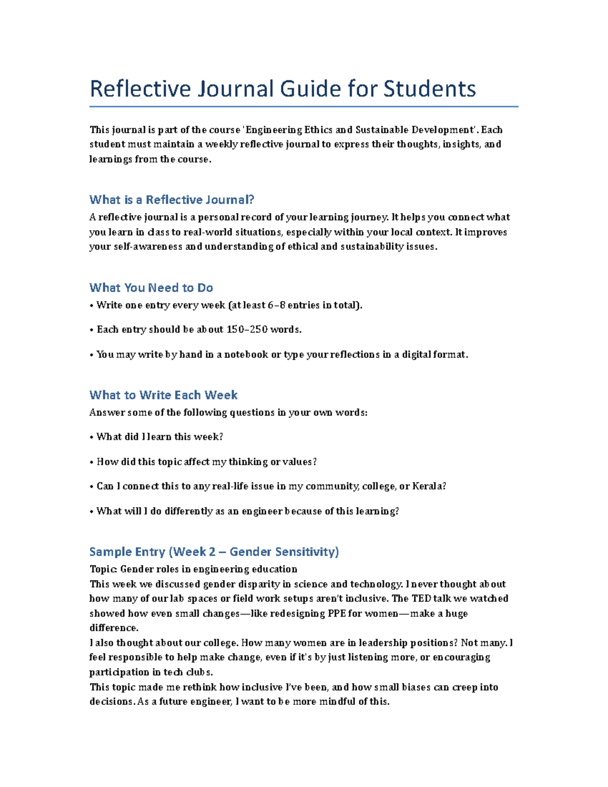 Reflective Journal Guide for Ethics and Sustainability Course - Studocu