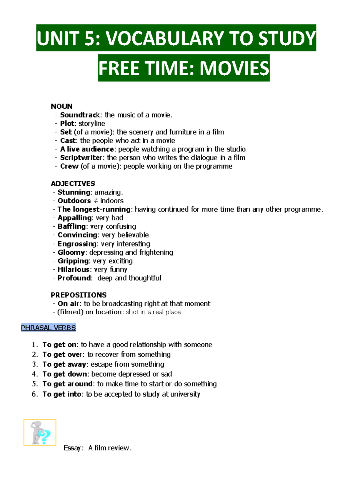 UNIT 5: Vocabulary for Free Time - Movies & Film Review Terms - Studocu