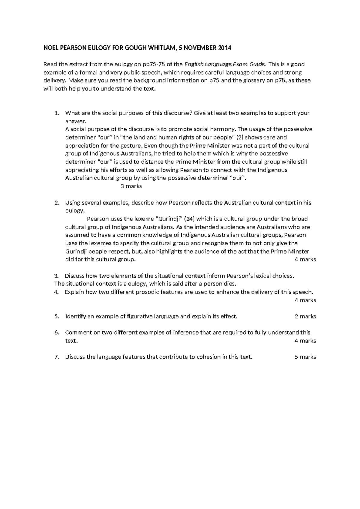 Pearson Eulogy Analysis SAQs for English Language Exam Guide - Studocu