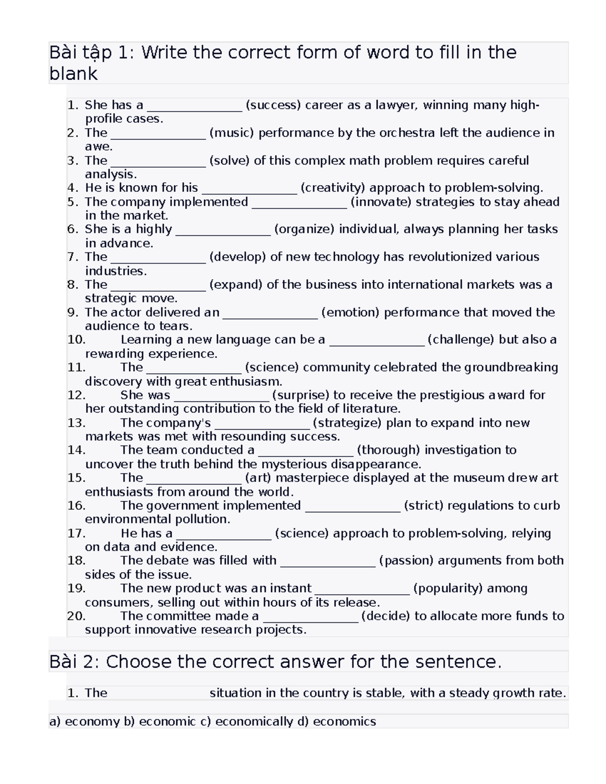 BÀI TẬP WORD FORM LỚP 9 - àcdxvcb - Bài tập 1: Write the correct form ...