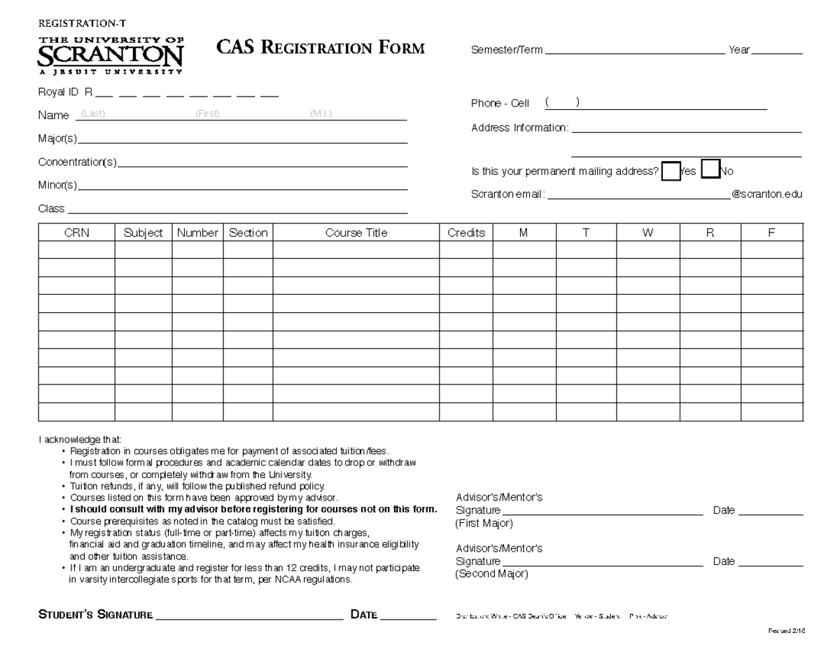 CAS Registration Form - University Course Enrollment - Studocu