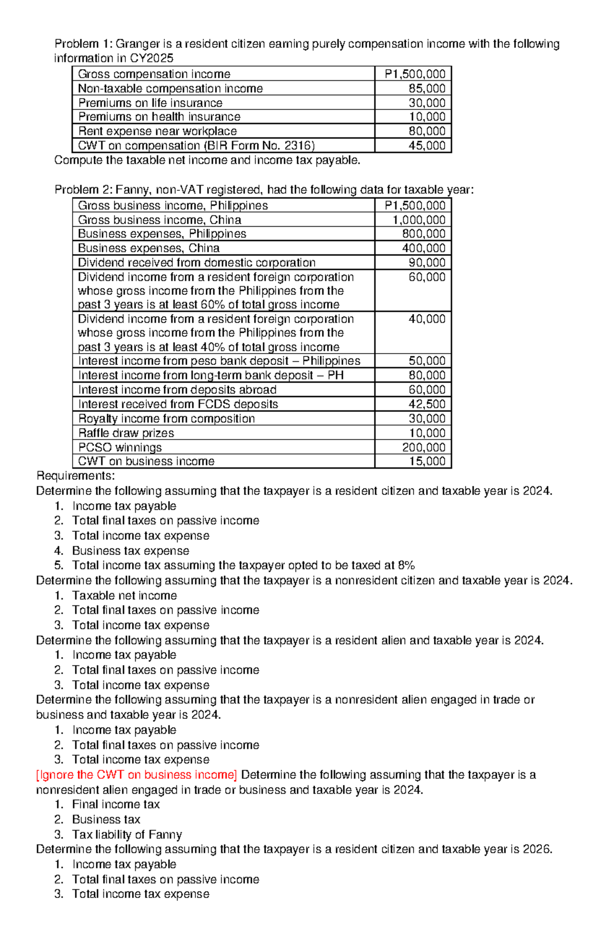 Taxation Week 2 Handouts: Income Tax Computation Problems - Studocu