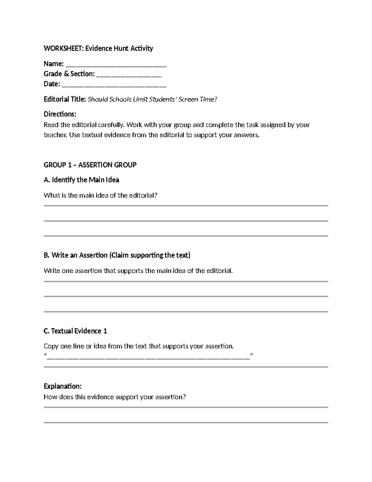 Worksheet: Evidence Hunt on Screen Time Limitations - Studocu