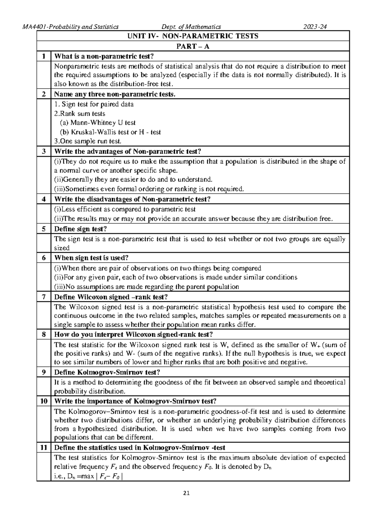 Statistics Unit Test Part A & B: Nonparametric Tests Overview - Studocu