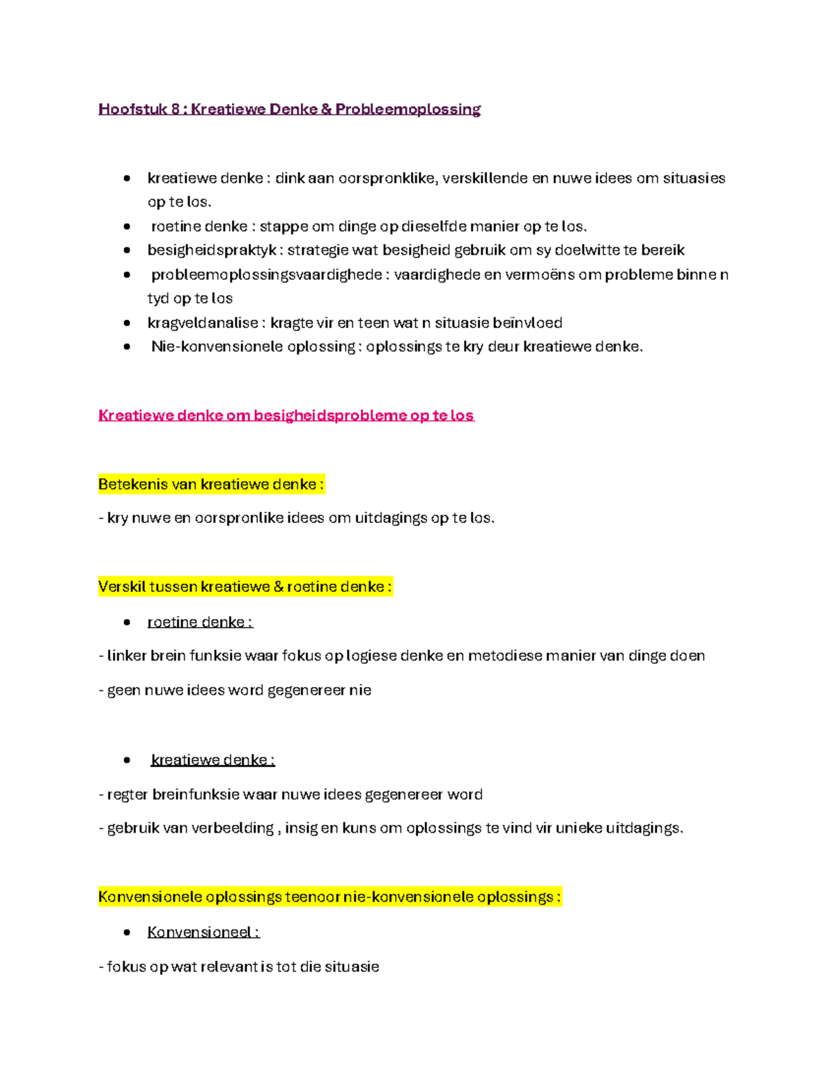 Hoofstuk 8: Kreatiewe Denke & Probleemoplossing in Besigheid - Studocu