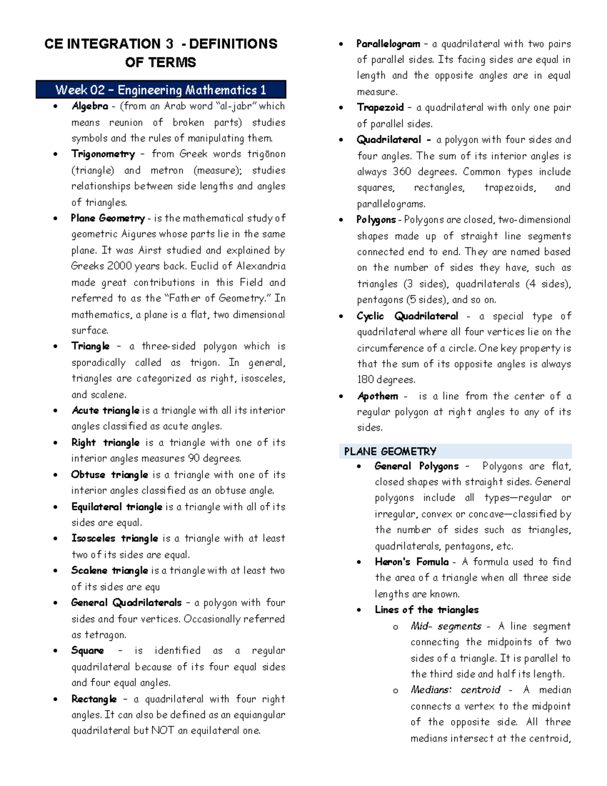 CE INTEGRATION 3: Definitions of Terms in Engineering Mathematics - Studocu