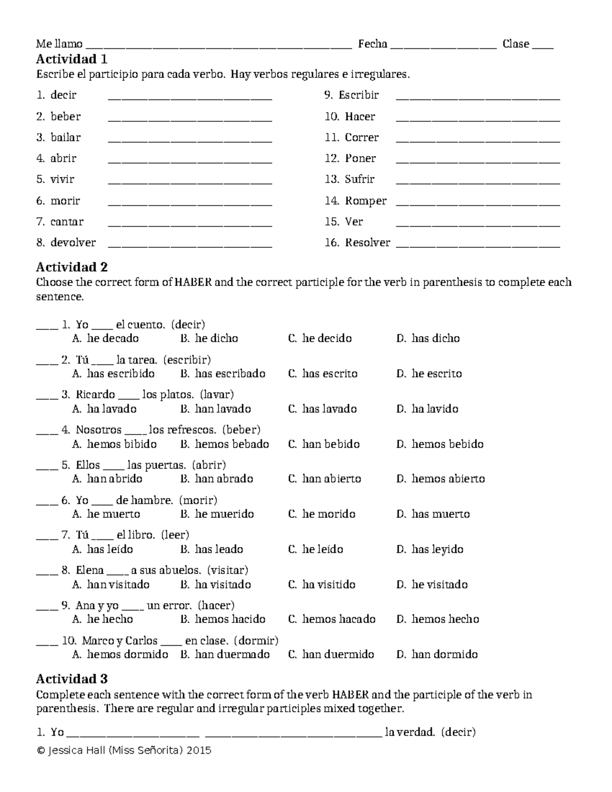 Actividad de Participios: Verbos Regulares e Irregulares - Studocu