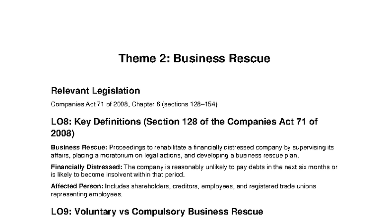 Business Rescue Notes: Companies Act 71 of 2008 Overview - Studocu