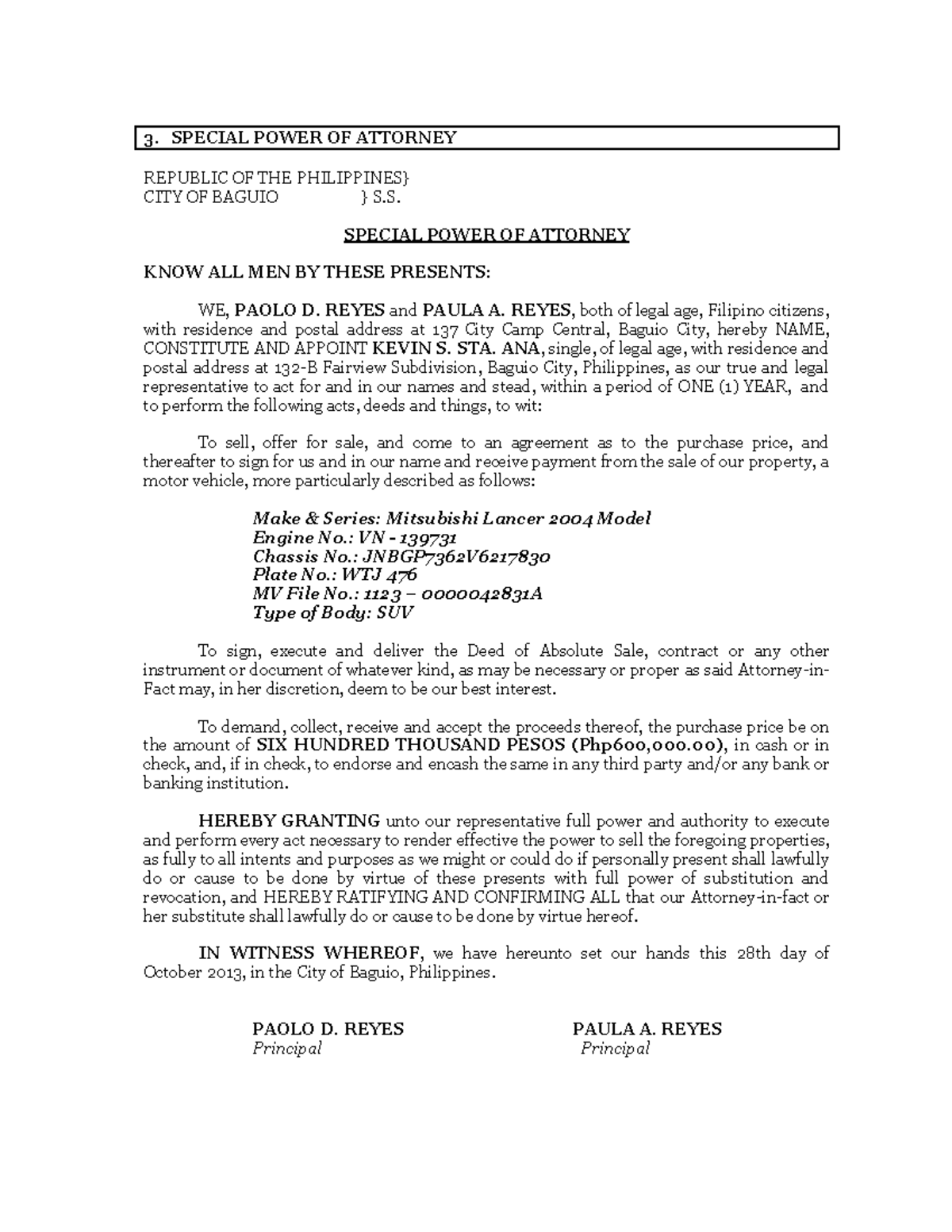 Sample Special Power of Attorney (SPA) - Baguio City - Studocu