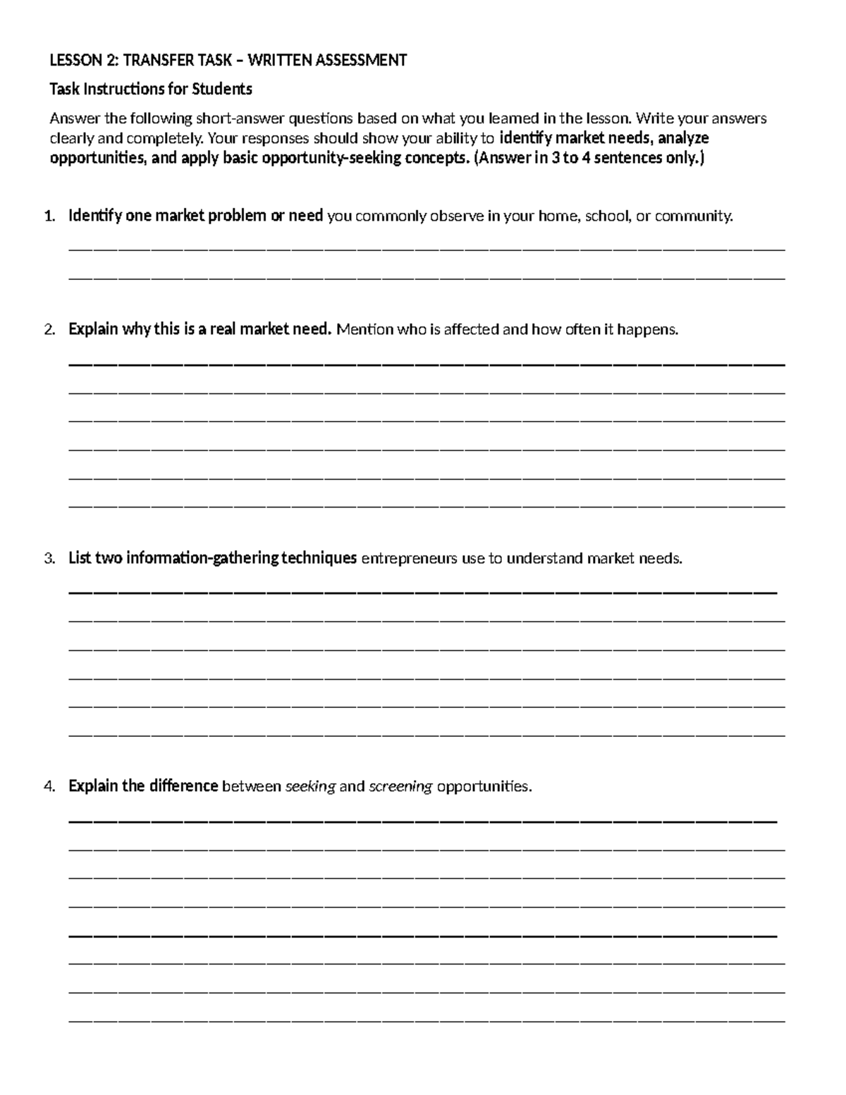 LESSON 2: TRANSFER TASK WRITTEN ASSESSMENT Guide for Students - Studocu