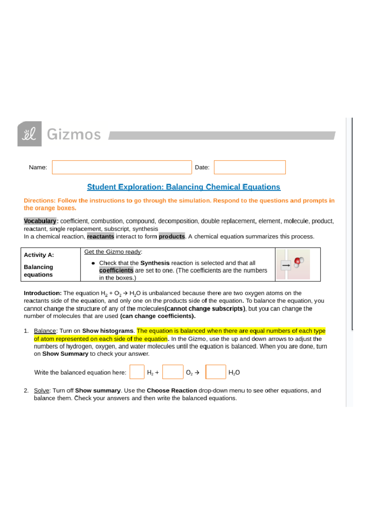 Balancing Chemical Equations Gizmo Activity Answers - Studocu