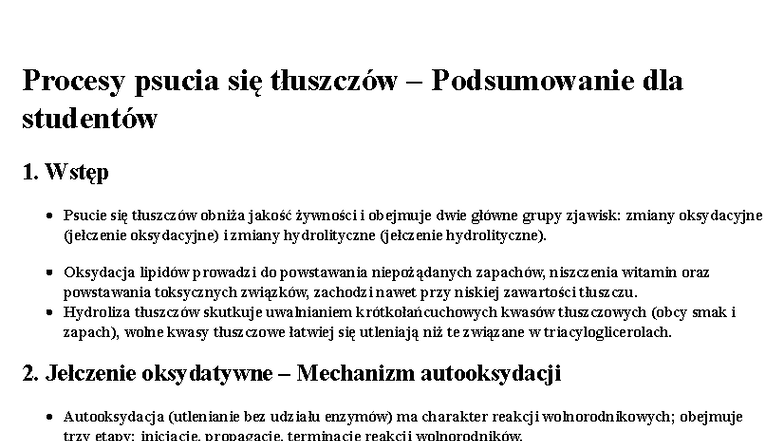 Procesy psucia się tłuszczów – Mechanizmy i Metody Ochrony - Studocu