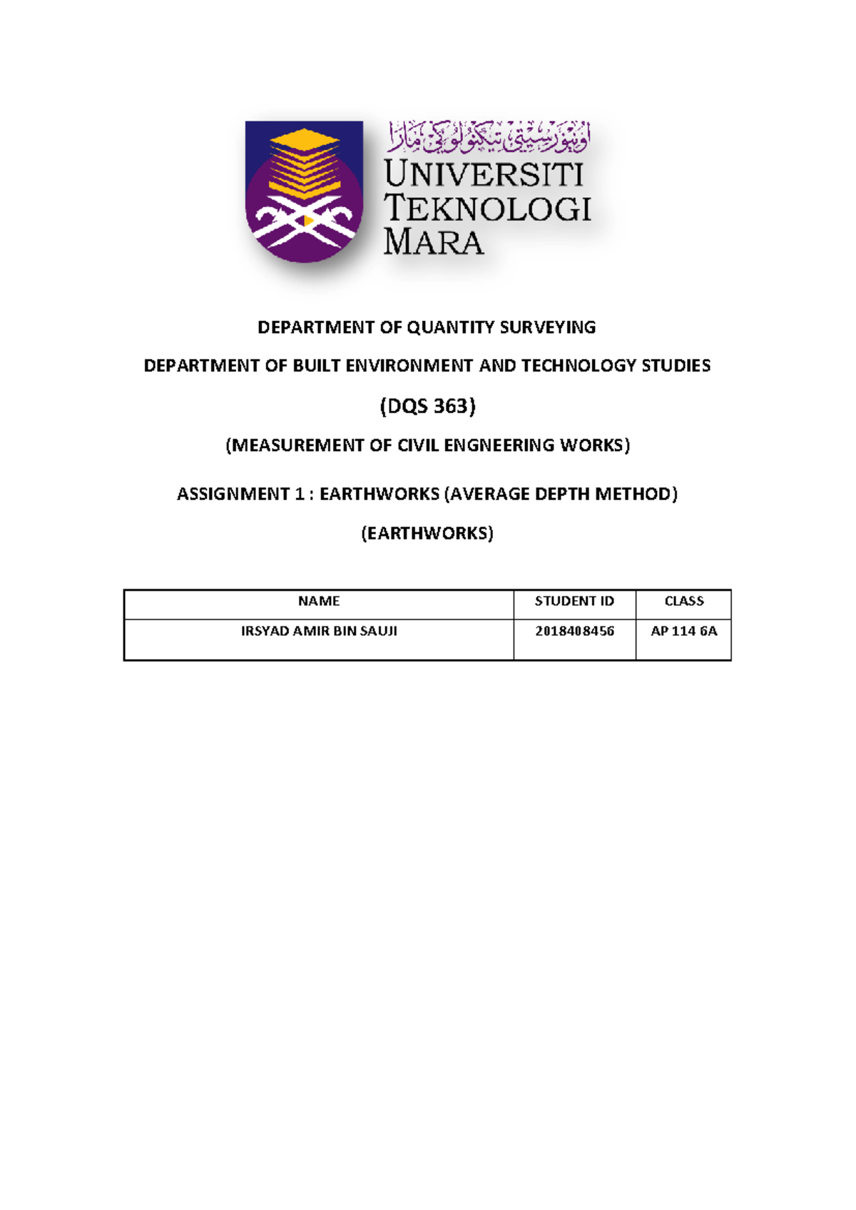 Assignment 1 Irsyad AMIR BIN Sauji 2018 408456 AP114 6A - DEPARTMENT OF ...