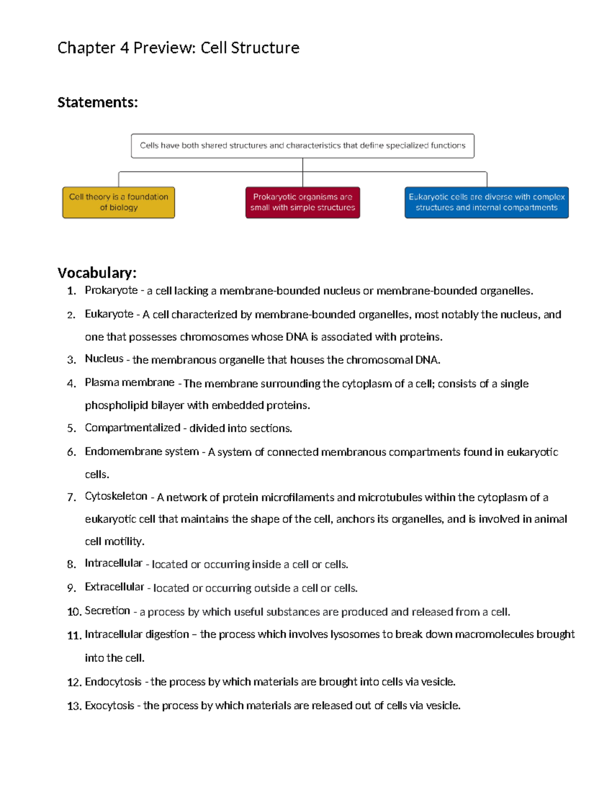 Chapter 4 Preview: Cell Structure and Function - Chapter 4 Preview: Cell Structure Statements ...
