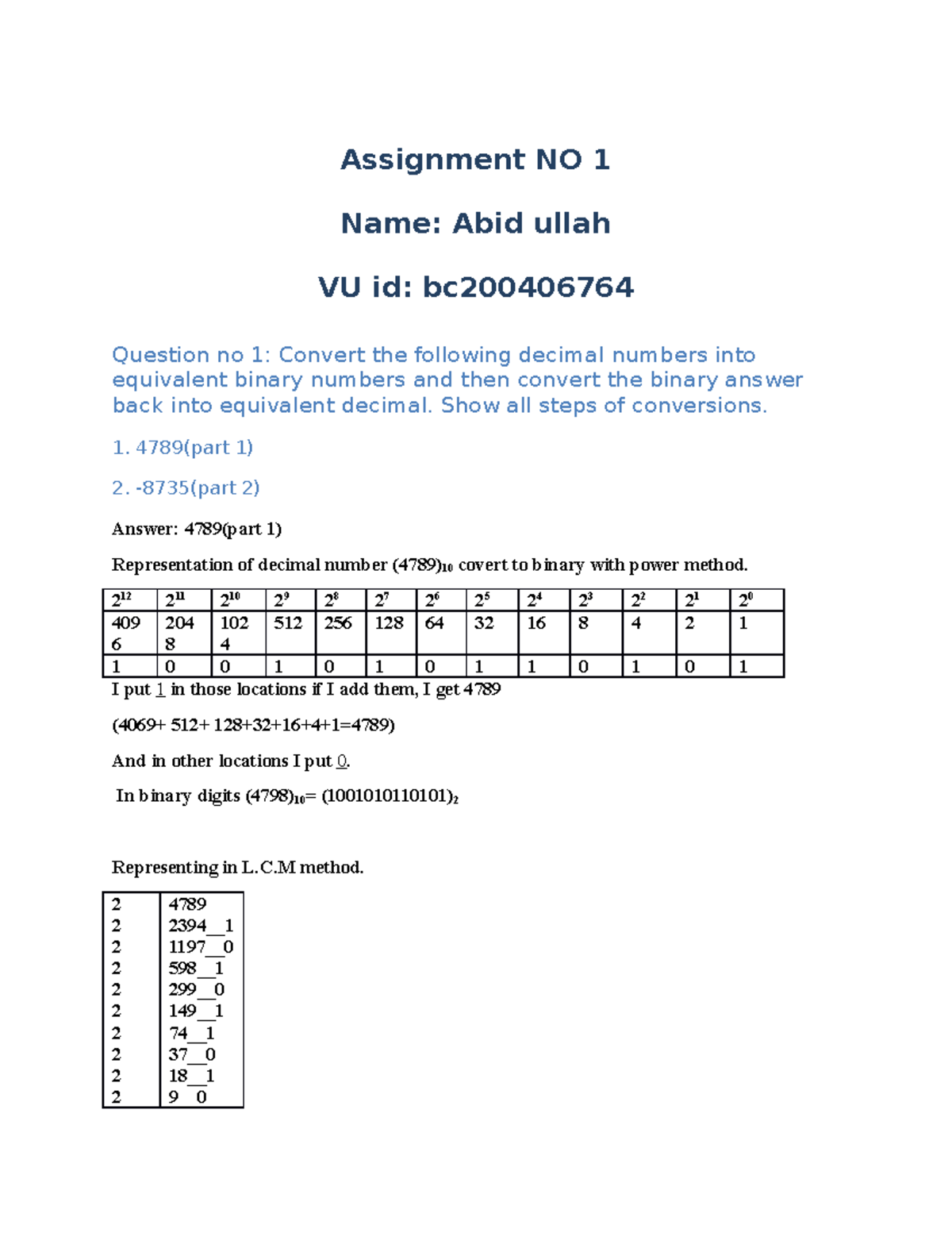 CS101 Assignment 1: Decimal to Binary Conversion & Boolean Logic - Studocu
