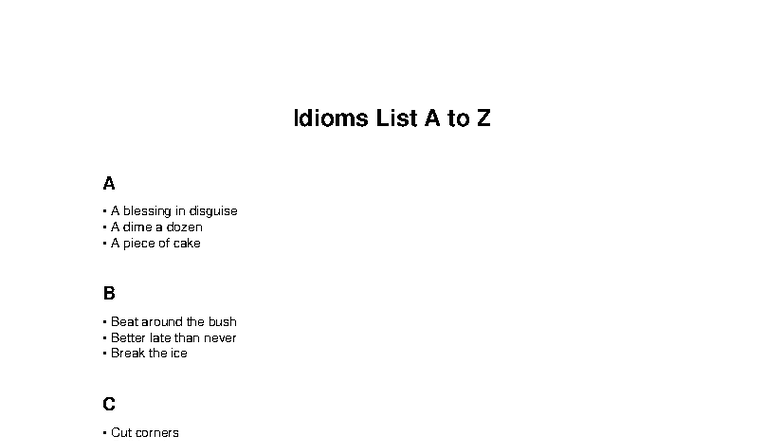 Idioms A to Z: Comprehensive List of Common Expressions - Studocu