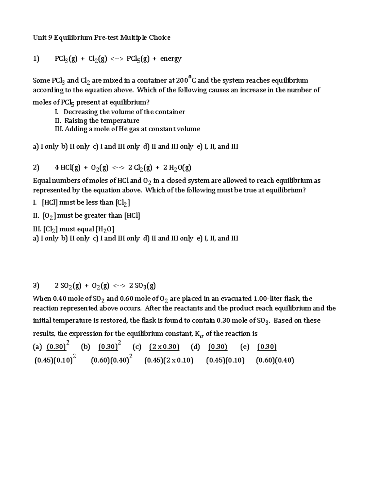 Unit 9 Equilibrium Pre-test: MCQs on Chemical Equilibrium Concepts ...